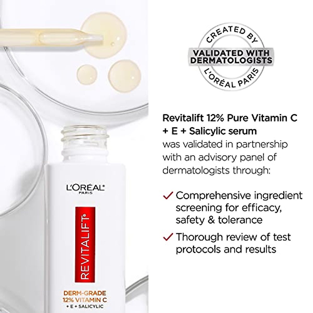 L'Oreal Paris Revitalift 12% Pure Vitamin C Serum, Vitamin E, Salicylic Acid, Moisturizing, Smoothing & Brightening, Non Greasy + Moisturizer Sample
