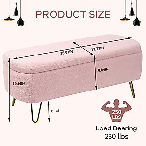 Sudwesto Modern Storage Ottoman Bench, Vintage Faux Fur Entryway Bench, End of Bed Bench with Gold Legs, Upholstered Padded Bench for Living Room, Bedroom, Entryway (Pink)