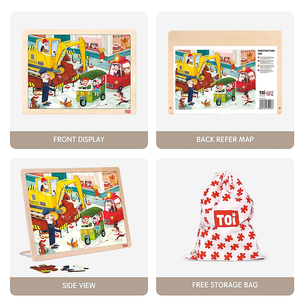 Toi 24 PCs Wooden Puzzles for Kids Toddlers Animal Jigsaw Puzzles with Wooden Bracket Age 3+ Educational Preschool Toys,Construction Car