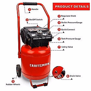 Craftsman Air Compressor, 10 Gallon Peak 1.8 Horsepower Oil-free Compressor, Max 150 PSI, Vertical Compressor Air Tools, Model: CMXECXA0331042, Red