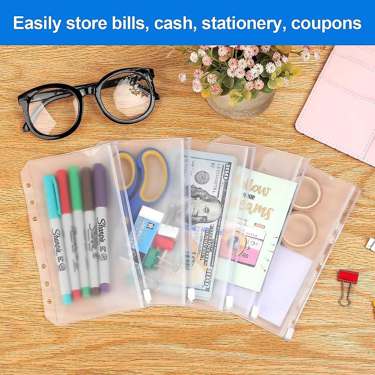 KTRIO 16PCS A6 Binder Pockets 6 Holes Budget Cash Envelopes Clear Zipper Folders for 6-Ring Budget Binder Notebook, Loose Leaf Bags, Waterproof PVC Document Pouch Organizers