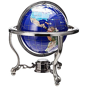 Unique Art 13-Inch Tall Table Top Blue Lapis Ocean Gemstone World Globe with Silver Tripod Stand