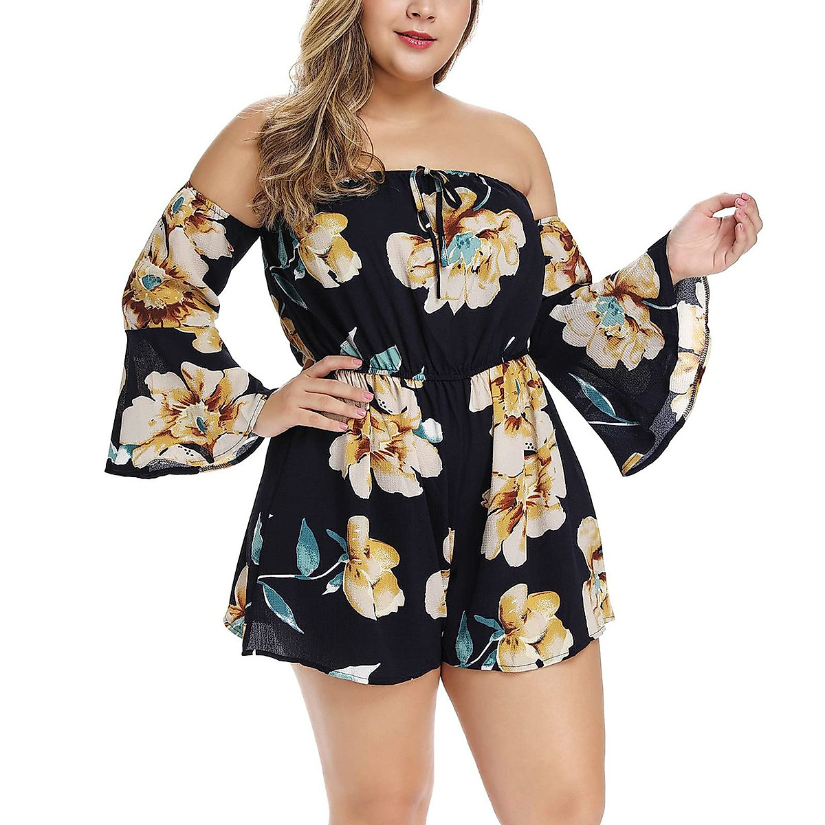 Bravetoshop Women's Plus Size Rompers Boho Off Shoulder Bell Sleeve Summer Floral Print Strapless Shorts Jumpsuit (Black,XXL)