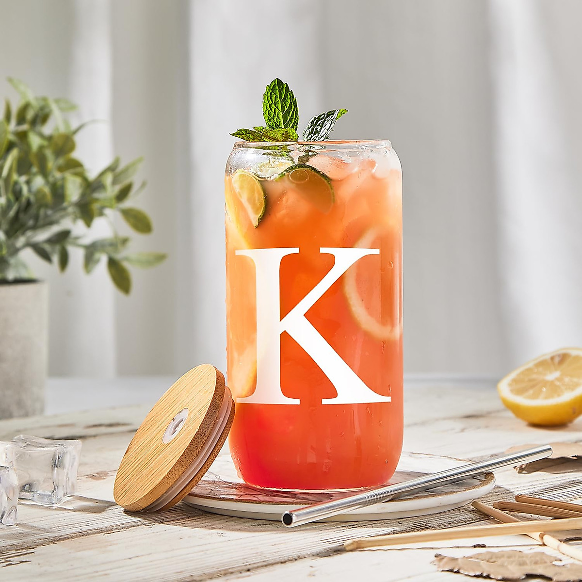 Elysine Initial Glass Cup 16oz, Monogrammed Gifts for Women, Glass Can Cup w/Bamboo Lid Straw,Personalized Valentines Mother Day Birthday Gifts for Women, Mom, Wife, Girlfriend, Sister, Friends (K)