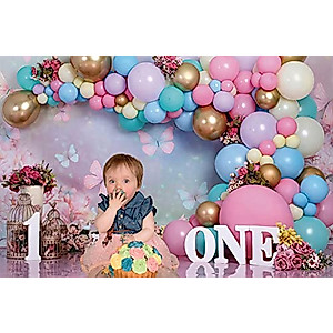 First Birthday Backdrop for Girl Pink Purple Balloon Backdrops for Photography Cake Smash Background for Baby Girl Flowers Butterfly Kids1st Birthday Banner Decorations 7x5ft