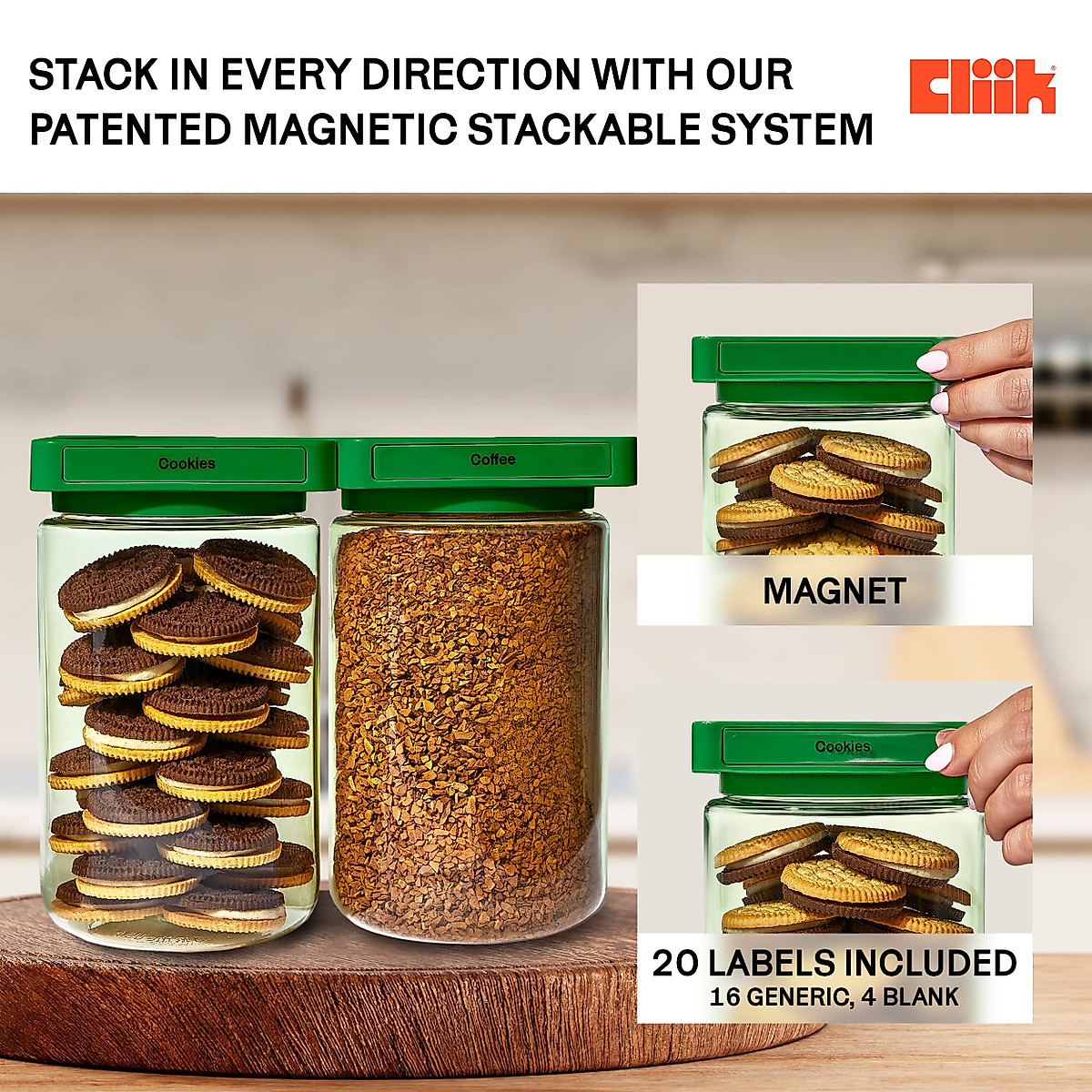 Cliik 3-Pack Magnetic Stackable Kitchen Containers, Jars for Organization and Storage, Kitchen Storage & Pantry Organizer with Lid, Shatterproof, Leakproof & Airtight