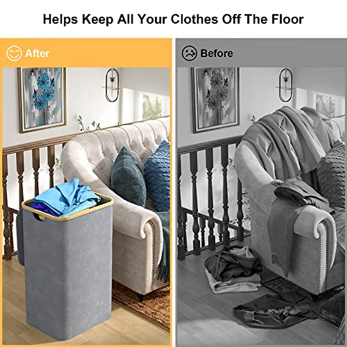 Homykic Laundry Basket with Lid, 97L Large Hamper Clothes Storage Basket with Bamboo Handles, Foldable Tall Laundry Organizer for Dorm, Bathroom, Bedroom, Clothing, Blanket, Light Grey