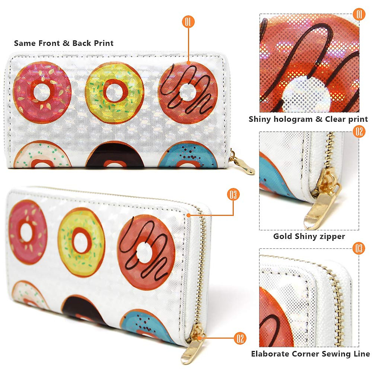 by you Women Holographic 3D Long Clutch Wallet Zipper Closure Card Slots Zippered Coin Pouch (DONUTS)