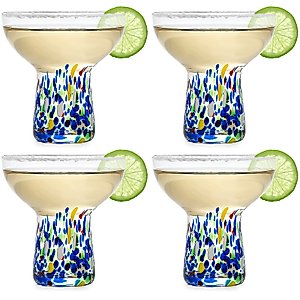 Stemless Margarita Glass – Set of 4 - Luxury Hand Blown Confetti Margaritas, for Cocktails, Water, Wine, Dessert, Martini & Champagne Glasses Cinco de Mayo, Hand Blown Glass - Mexican Confetti Design