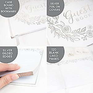 bloom daily planners Wedding Guest Book (120 Pages) - Lined Sign-in Registry Guestbook & Keepsake - Hard Cover with Silver Foil, Gilded Edges and Bookmark - 7” x 9" - Silver Floral