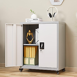 LUCYPAL Garage Storage Cabinet with Lockable Doors, Metal Storage Cabinet with Adjustable Shelf, Tool Cabinet with Wheels for Garage Office Home, Kitchen,Living Room,Grey