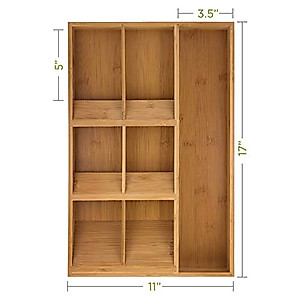 Compact Luxury Bamboo Silverware Organizer - 17" x 11.25" Bamboo Utensil Organizer for Silverware and Utensils - Compact Cutlery Organizer fits most Kitchen Drawers - Narrow Utensil Drawer Organizer