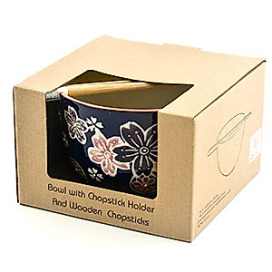 Hinomaru Collection Multi Purpose Ramen Udon Soba Pho Noodle Donburi Rice Tayo Bowl with Chopsticks Gift Set 6.25 Inch Diameter (Floral Stamp)