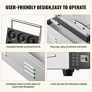 VEVOR Electric Donut Maker, 1550W Commercial Doughnut Machine with Non-stick Surface, 6 Holes Double-Sided Heating Waffle Machine Makes 6 Doughnuts, Temperature 122-572℉, for Restaurant and Home Use