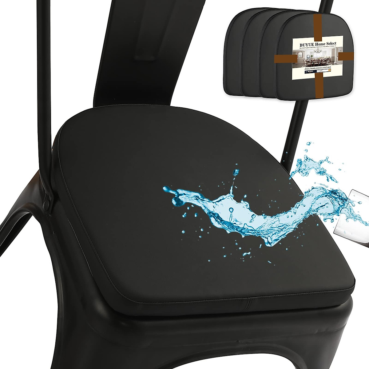 BUYUE 14" Metal Chair Cushions with Magnetic Set of 4, Luxury PU Leather Waterproof Anti-Slip Seat Pads for Kitchen Cafe Dining Bistro Stackable Chairs (U-Shape, Black, 4)