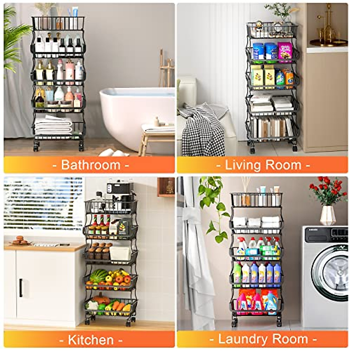 Fruit Vegetable Basket for Kitchen, 5 Tier Stackable Metal Wire Storage Basket Organizer Baskets with Rolling Wheels, Utility Rack for Kitchen, Pantry, Bathroom