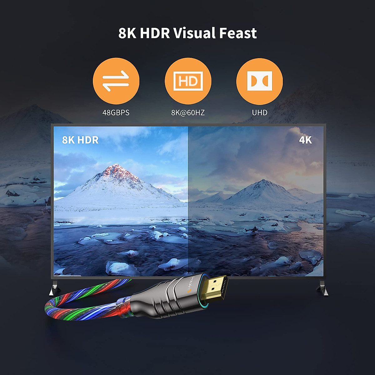 ProtoArc 8K RGB HDMI Cable 6.56ft, 48Gbps High Speed HDMI 2.1 Cable for Gaming Braided HDMI Cord with LED Light, 8K 60Hz HDR, 1080p, 3D, eARC Compatible with Monitor PS5 PS4 Xbox HDTV