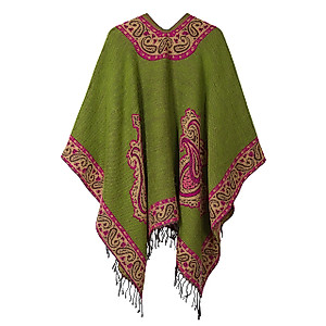 Women's Fashionable Retro Style Vintage Pattern Tassel Poncho Shawl Cape (series 2-Green)
