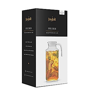 JoyJolt 60oz Glass Pitcher with Lid (2 Lids) - Beverage Serveware and Storage Container for Hot Liquids or Cold Drinks. Fridge Pitcher, Juice Container, Water Jug, Iced Tea Pitcher or Milk Pitcher