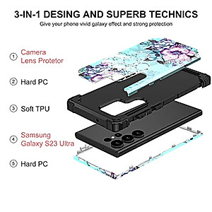 Casetego Compatible with Galaxy S23 Ultra 5G Case,Floral Three Layer Heavy Duty Sturdy Shockproof Full Body Protective Case with 2 Pack Camera Lens Protector for Samsung S23 Ultra,Blue Flower