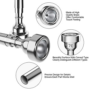 Silver Trumpet Mouthpiece 7C 5C 3C Trumpet Mouthpiece Set with Box Cleaning Cloth Compatible with Yamaha Bach Conn King Musical Instruments for Beginners and Professional Players 3Pack