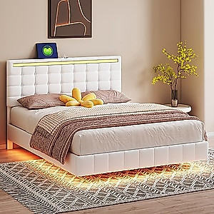 Linique Queen Size Wooden Floating Bed Frame with LED Lights and USB Charging,Modern PU Upholstered Platform LED Bed Frame with Headboard,White