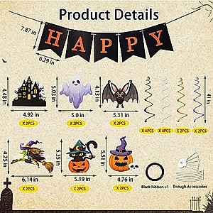 Lucleag 12Pcs Halloween Hanging Swirls Decorations & Halloween Banner, Pumpkin Bat Witch Ghost Hanging Decor Happy Halloween Banner for Ceiling Wall, Hanging Decoration for Halloween Party Supplies