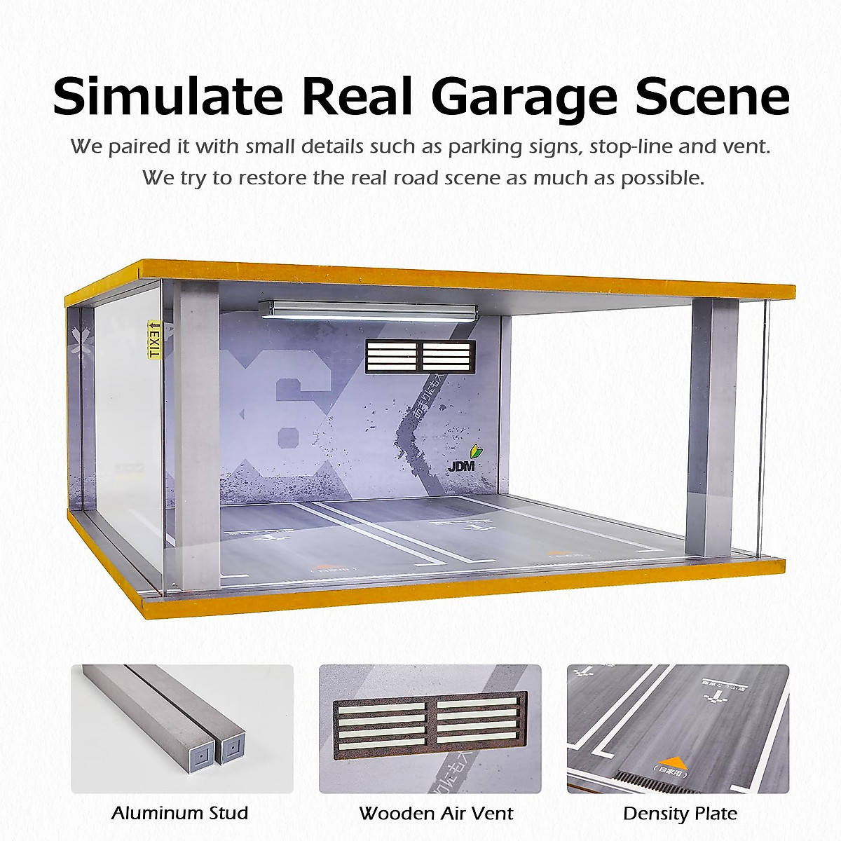 cxiiuui 1/18 Scale Display Case Car Garage Moldel with LED Light and Acrylic Cover Wooden Diecast Car Show Case 2 Parking Spaces Grey
