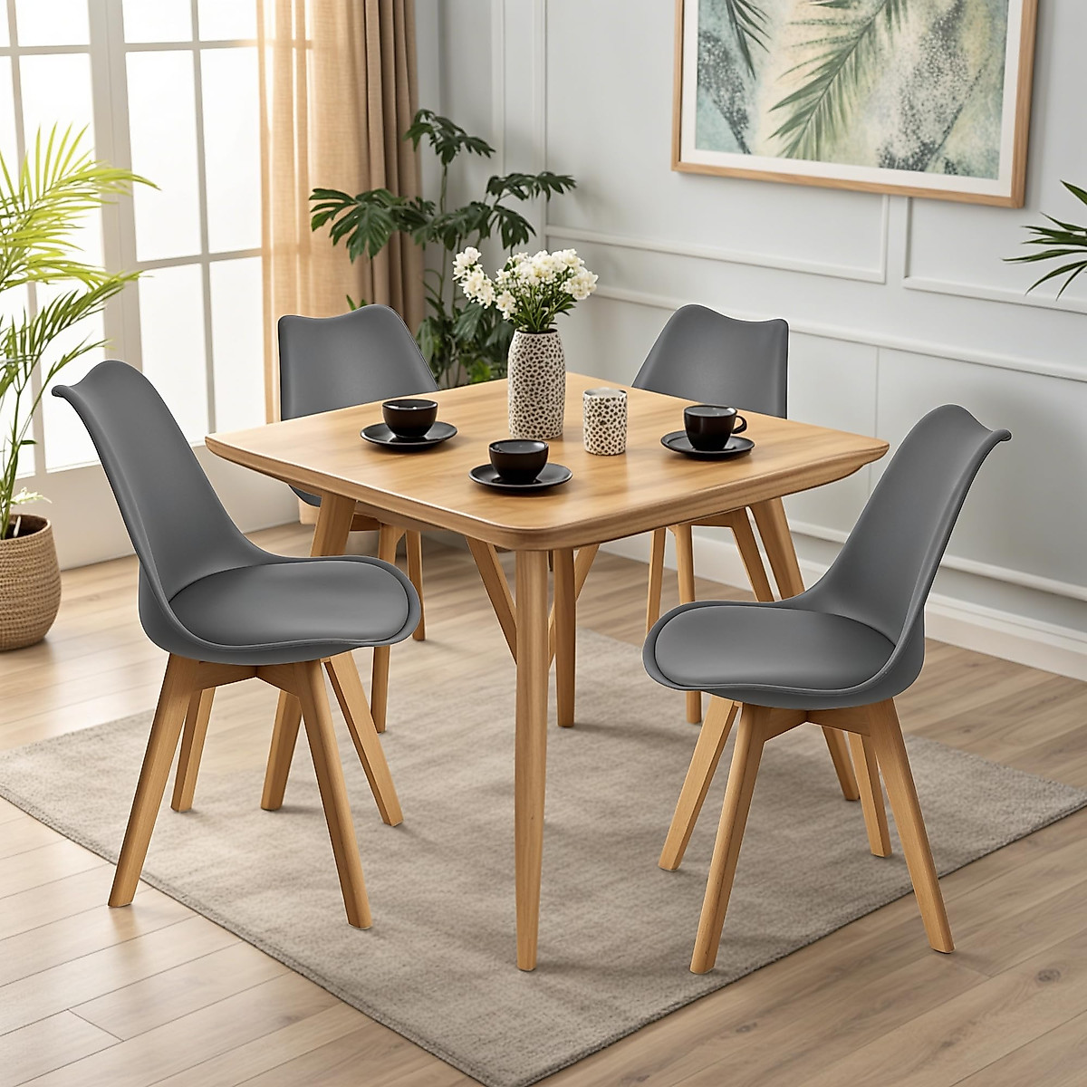 CangLong Mid Century Modern Side Chair with Wood Legs for Kitchen, Living Dining Room, Set of 2, Grey