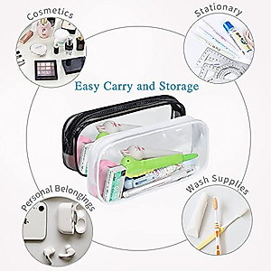 Muranana Pencil Case Set, 2 Pcs PVC Clear Pencil Bag, Zipper Exam Pen Pouch, Makeup/Toiletries Bag for Women, Pencil Storage Pouch, Portable Office Stationery Pouch for Students Adults,White+Black