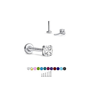 316 Stainless Steel Threadless Push Pin Nose Ring Labret Monroe Stud 2.5mm Prong Clear CZ 20G