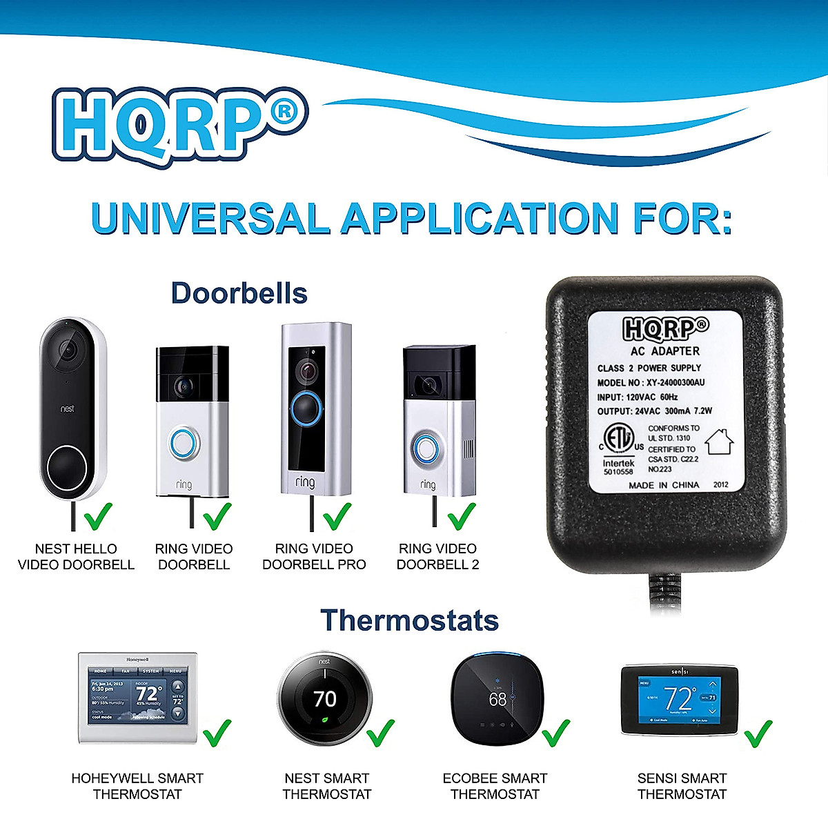 HQRP 24-Pack 24V AC Adapter Transformer Works with Nest Hello Nest Skybell Ring Doorbeell Video 1, 2, Pro, Nest Ecobee Honeywell Sensi Thermostats, C-Wire, 25ft Cable