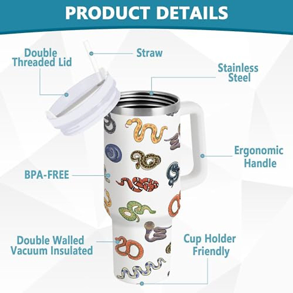 ARGTILDN 40 oz Tumbler Snake Animal Insulated Travel Mug with Handle and Straw Lid Stainless Steel Vacuum Coffee Cup Tea Beverage Container Water Bottles for Car Sports office