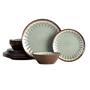 Gufaith Melamine Dinnerware Sets for 4,12 Pcs Party Plates and Bowls Sets,Outdoor Use Harvest Dinner Dishes Set,Great for RVs Camping,Lightweight Unbreakable,Dishwasher Safe,Sage Green