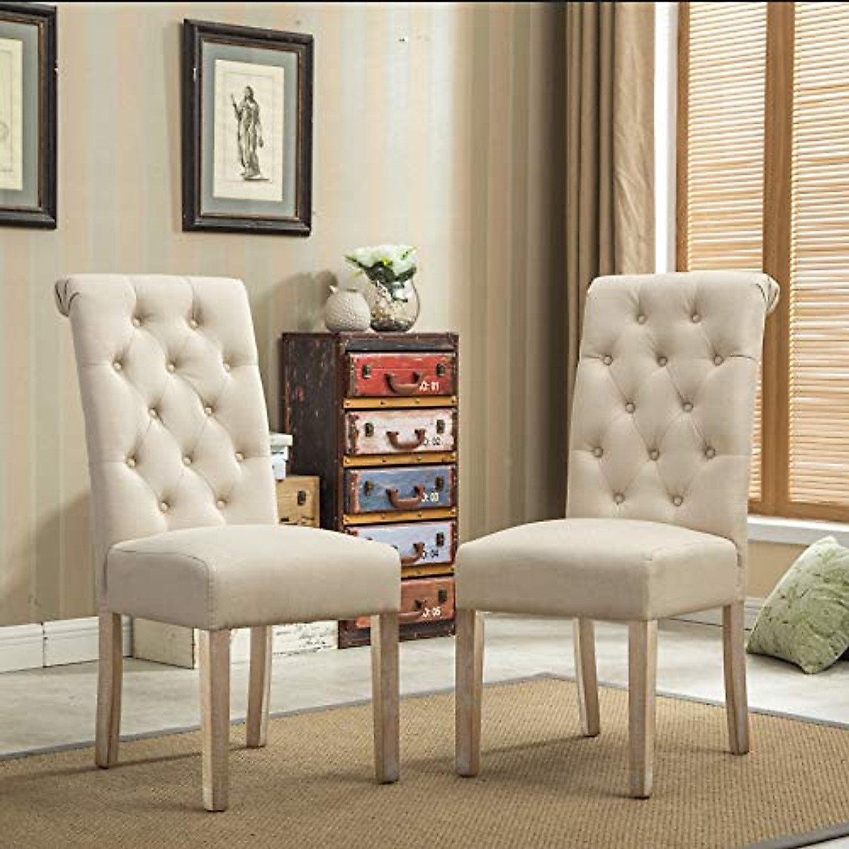 Roundhill Furniture Habit Solid Wood Tufted Parsons Dining Chair (Set of 2), Tan