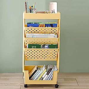 APBATS 5 Tier Removable Movable Bookshelf, Mobile Unique Bookcase, Utility Organizer Yellow Bookshelves with Wheels for Kids Children Students Study in Bedroom Living Room Home School