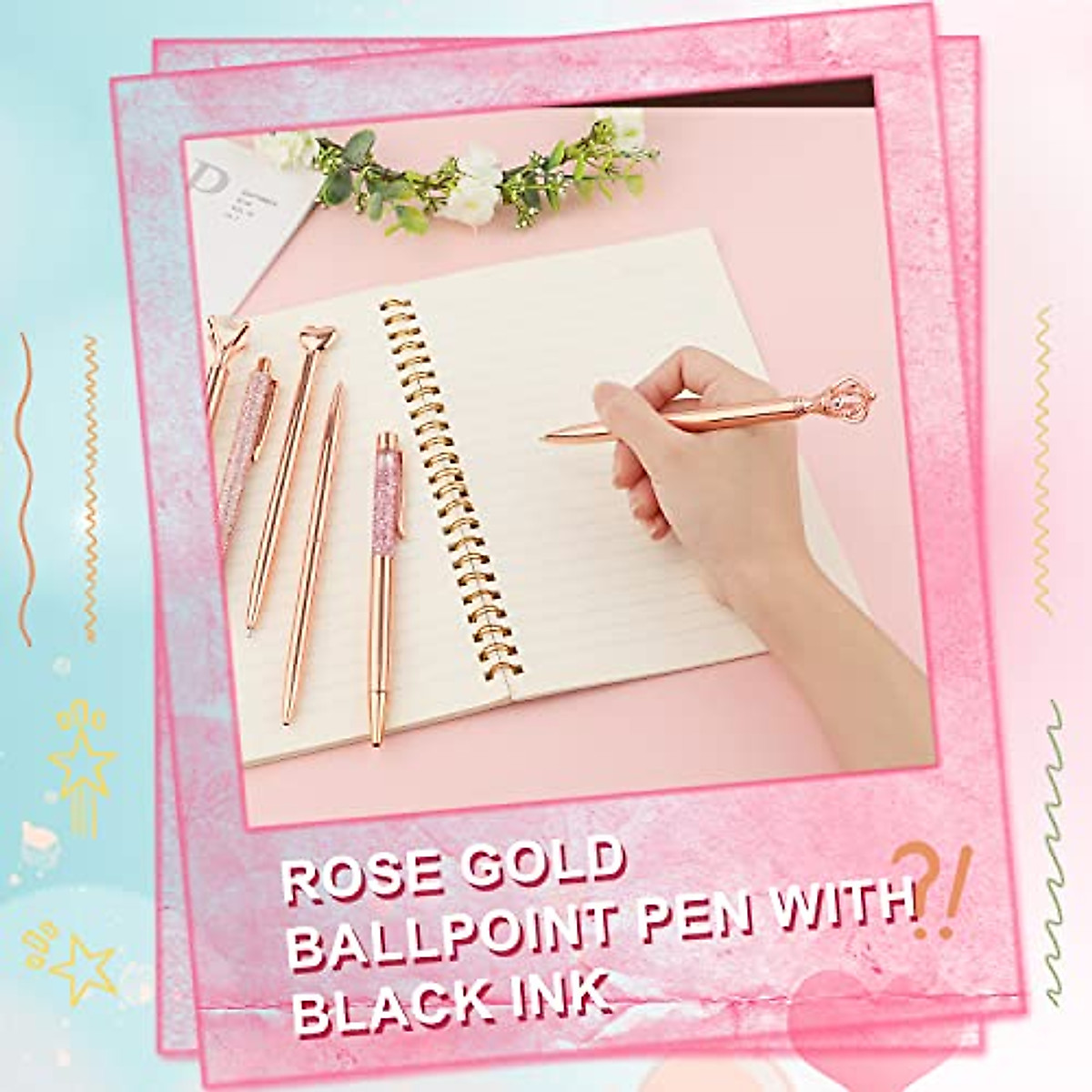 7pcs Rose Gold Ballpoint Pen Set, Metal Rose Gold Glitter Pens Bling Bling Pens Black Ink Dynamic Liquid Pen Gifts for Christmas Birthday Wedding Office Supplies