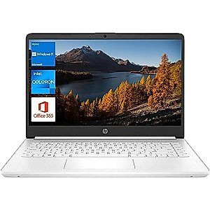 HP Portable Laptop, Student and Business, 14" HD Display, Intel Quad-Core N4120, 16GB DDR4 RAM, 64GB eMMC, 1 Year Office 365, Webcam, SD Card Reader, HDMI, Wi-Fi, Windows 11 Home, White, KKE Mousepad