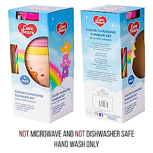 Silver Buffalo Care Bears Hearts and Stars 4 Pack Plastic Color Changing Tumblers with Rainbow Swirl Straws Featuring Tenderheart, Funshine, Cheer, and Grumpy Bear 24 Ounces