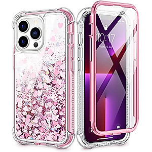 Caka for iPhone 13 Pro Max Case Glitter Women Girls with Built-in Screen Protector Bling Sparkle Liquid Quicksand Full Body Protective Case for iPhone 13 Pro Max 6.7 (Rose Gold)