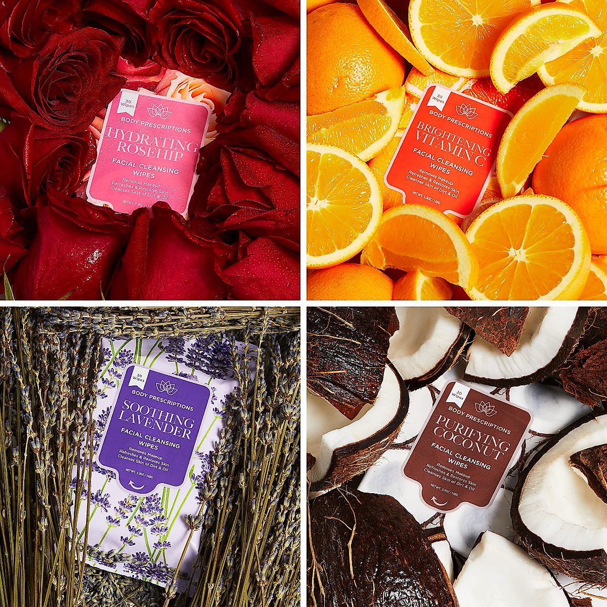 Body Prescriptions Makeup Remover Wipes - Bulk Pack, Gentle Cleansing Wipes for Easy Makeup Removal, Mint, Rosehip, Vitamin C, Lavender & Coconut