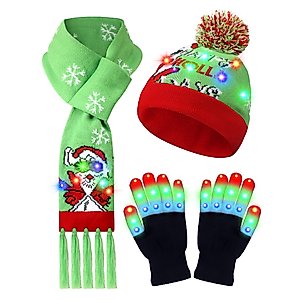 Eurzom 3 Pieces LED Light up Christmas Hat Xmas Light up Scarf Gloves Set Holiday Christmas Hat Beanie Knit Cap for Christmas Party (Sunglasses)