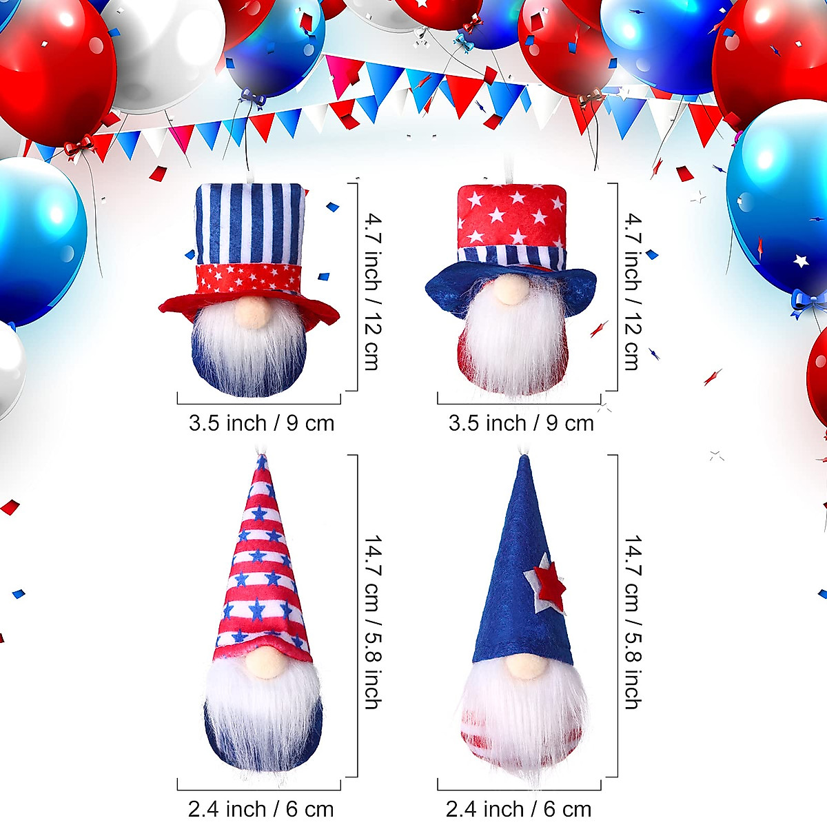 8 Pieces Patriotic 4th of July Gnome Ornaments American Independence Day Decorative Plush Dolls USA Classic Hanging Gnome with 6.6 Feet LED Light Chains for Home Garden Decoration, 8 Styles