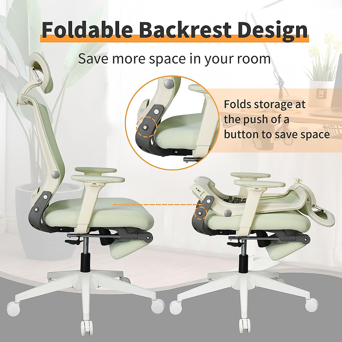 Foldable Ergonomic Office Chair, High Back Desk Chair with Footrest, Mesh Back Computer Chair with Fixed Headrest, 2D Armrest, Adjustable Lumbar Support, Soft Sponge Seat, Swivel Task Chair, Green