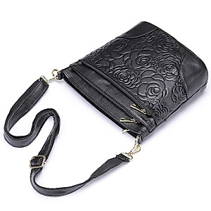 Aslana Floral-Embossed Genuine Leather Shoulder Crossbody Bag Handbag for Women (Floral-Embossed Black)