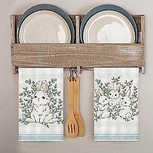 Artoid Mode Buffalo Plaid Rabbit Bunny Eucalyptus Leaves Easter Kitchen Towels Dish Towels, 18x26 Inch Seasonal Spring Holiday Decoration Hand Towels Set of 2