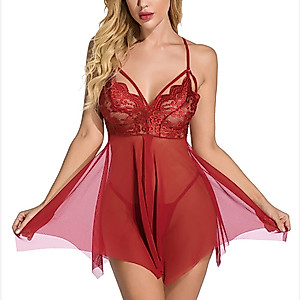 Giorzio Sexy Lace Lingerie Set V Neck Chemise Babydoll Sleepwear Wine Red, L