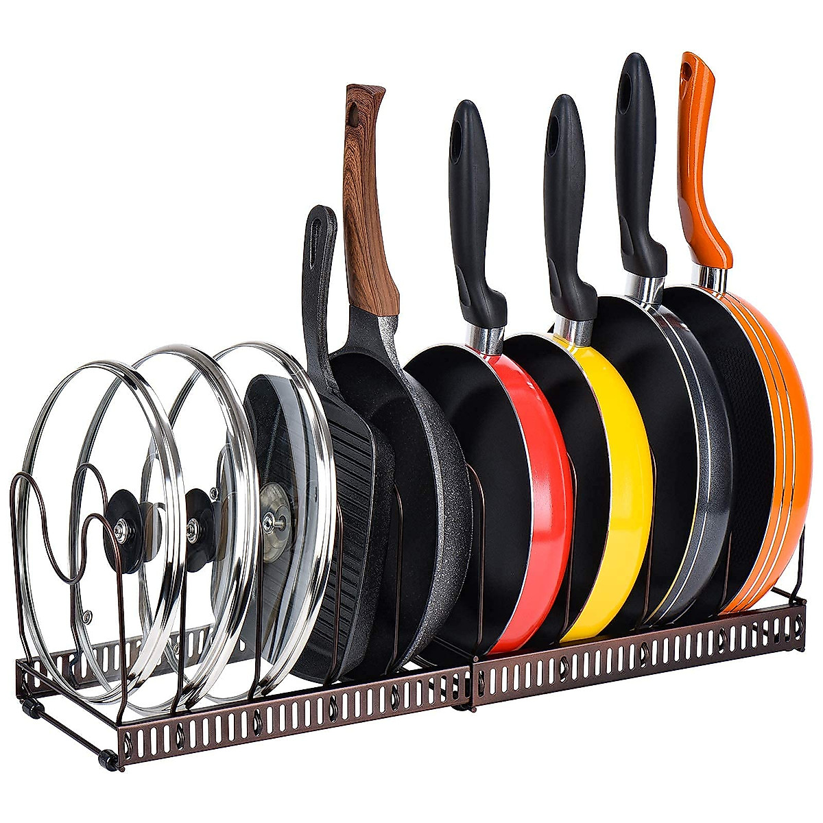 Toplife Adjustable 10+ Pans Organizer Rack + 7+ Lids Organizer Rack + 10+ Bakeware Organizer Rack for Kitchen Cabinet and Counter, Brown