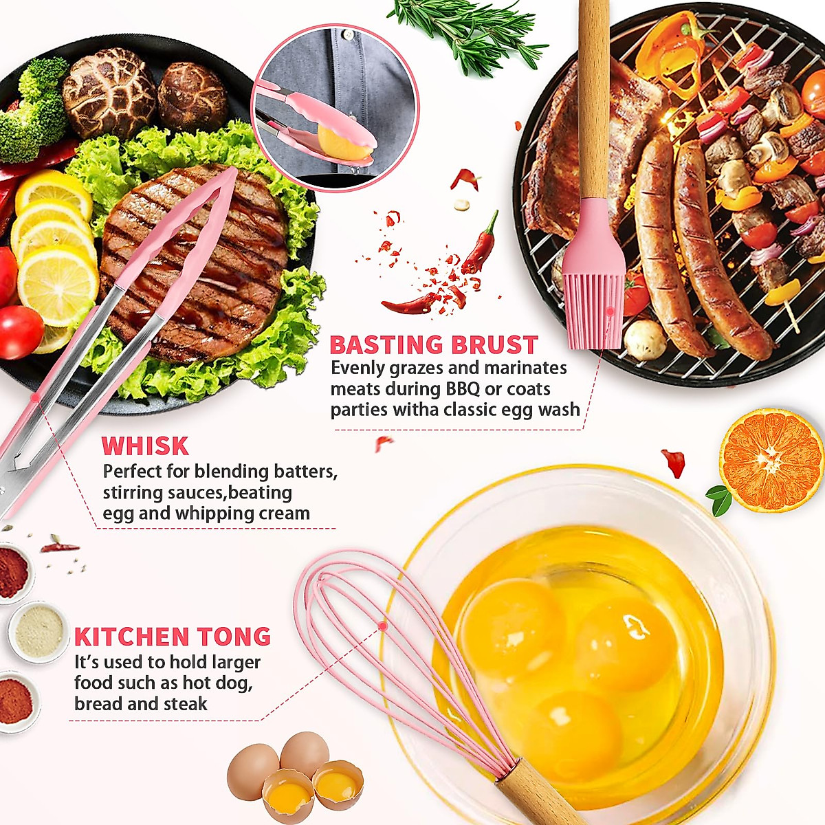 Caliamary Silicone Kitchen Utensil Set, 11 Pieces Cooking Utensil with Wooden Handles, Utensil Holder for Nonstick Cookware, Spoon, Soup Ladle, Slotted Turner, Whisk, Tongs, Brush, Pasta Server (Pink)