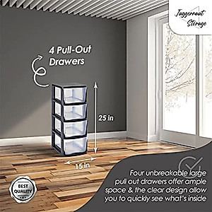 Juggernaut Storage 4 Drawer Storage Tower, Black Frame with Clear Drawers, RDT4